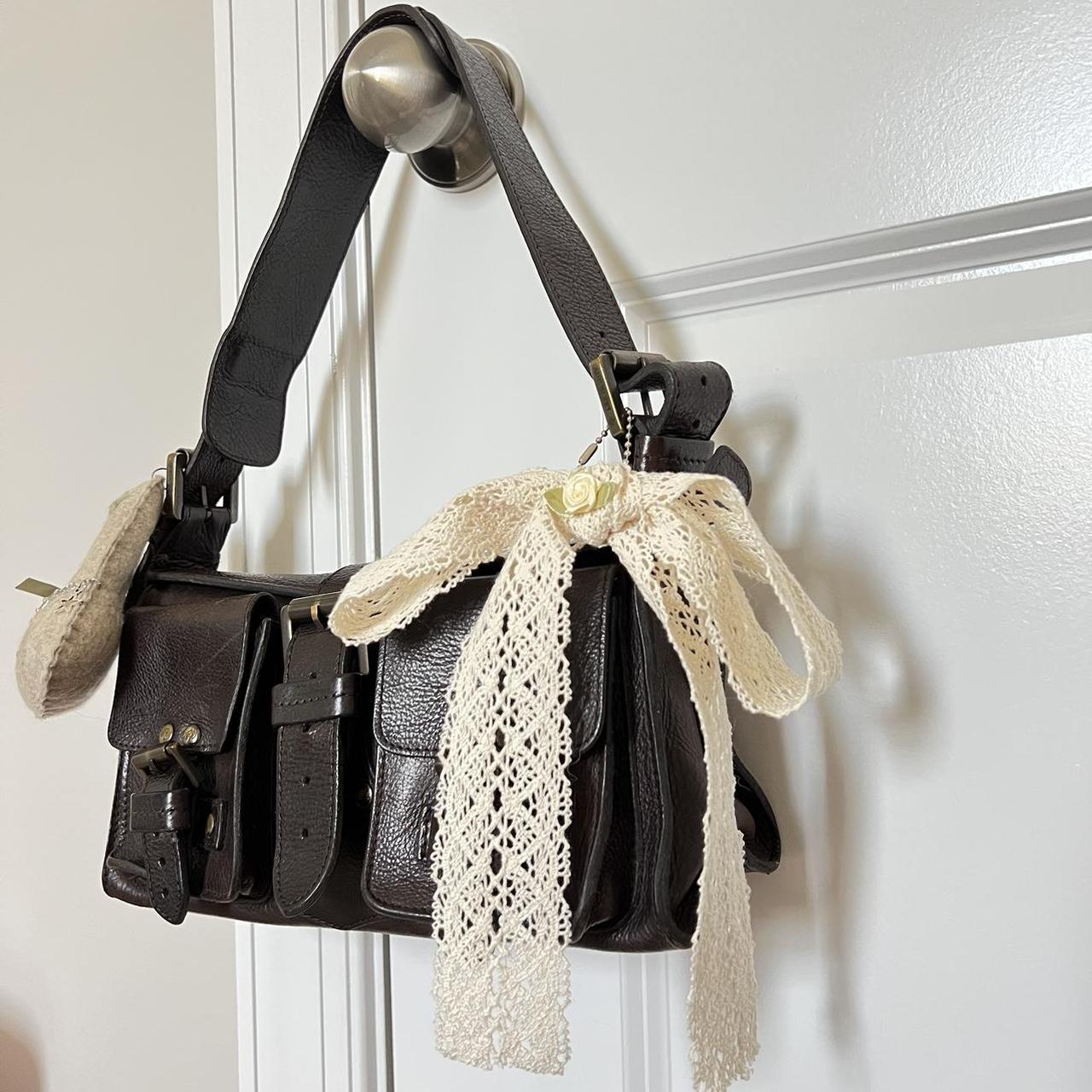 Crochet lace ribbon bow bag charm/keychain with... - Depop