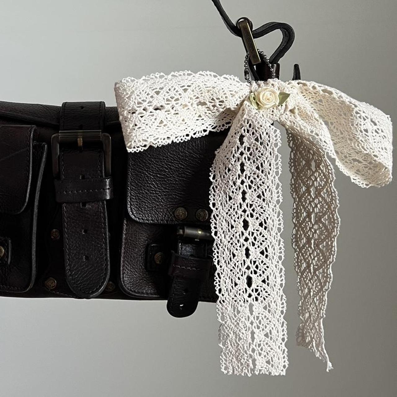 Crochet lace ribbon bow bag charm/keychain with... - Depop