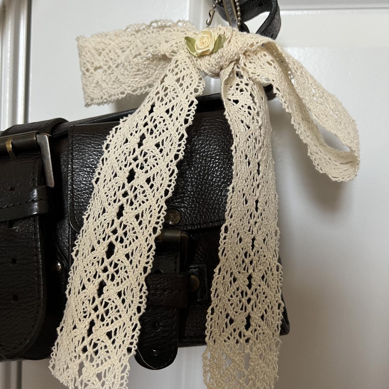 Crochet lace ribbon bow bag charm/keychain with... - Depop