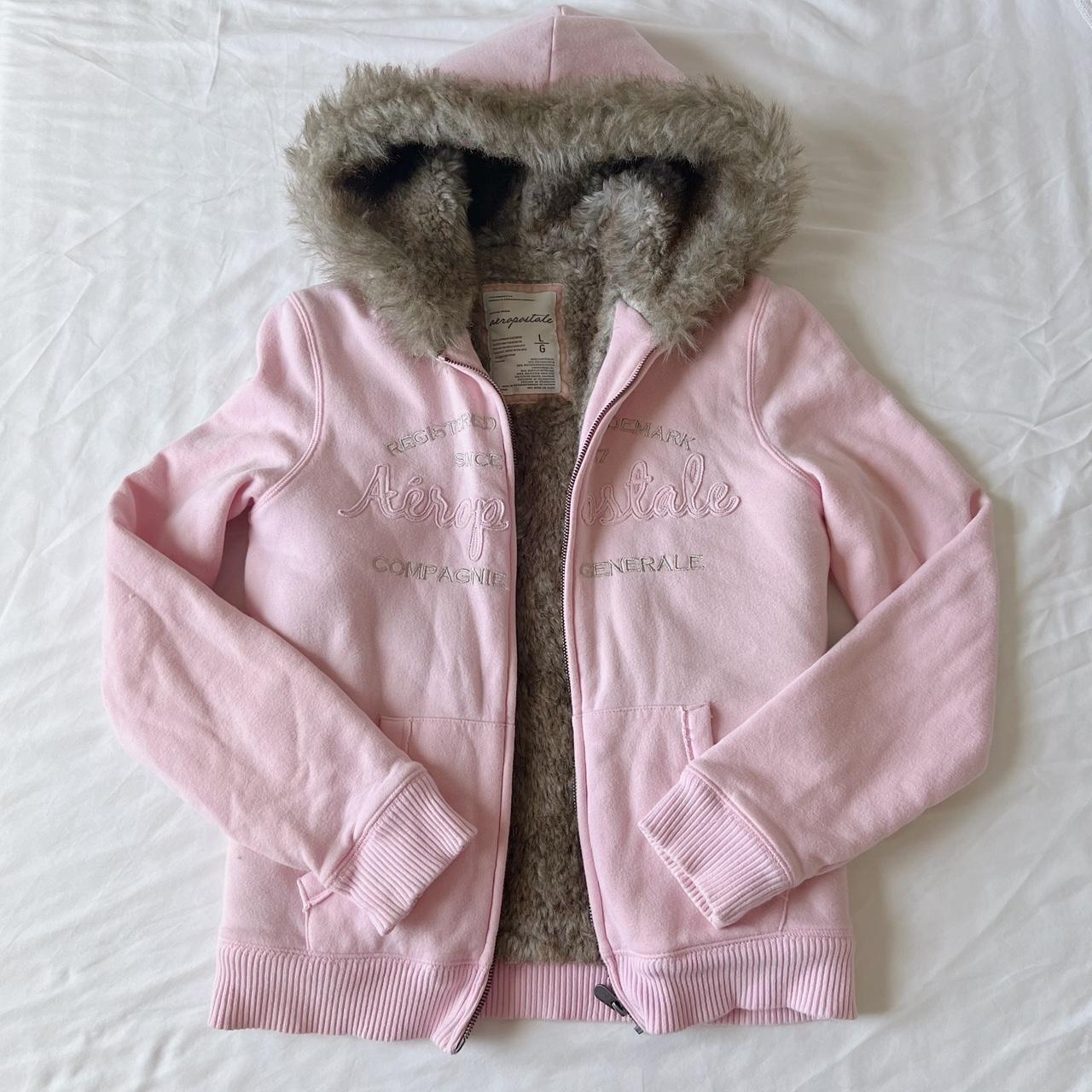 Rare Y2K baby pink Aeropostale faux fur lined hoodie... - Depop