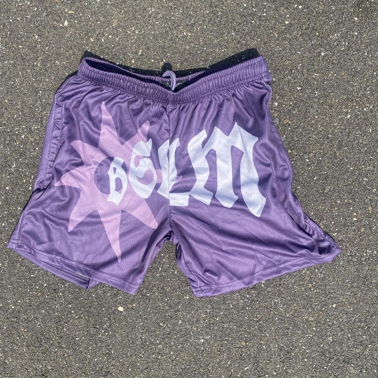 Purple and white BSLM shorts Large but fists like... - Depop