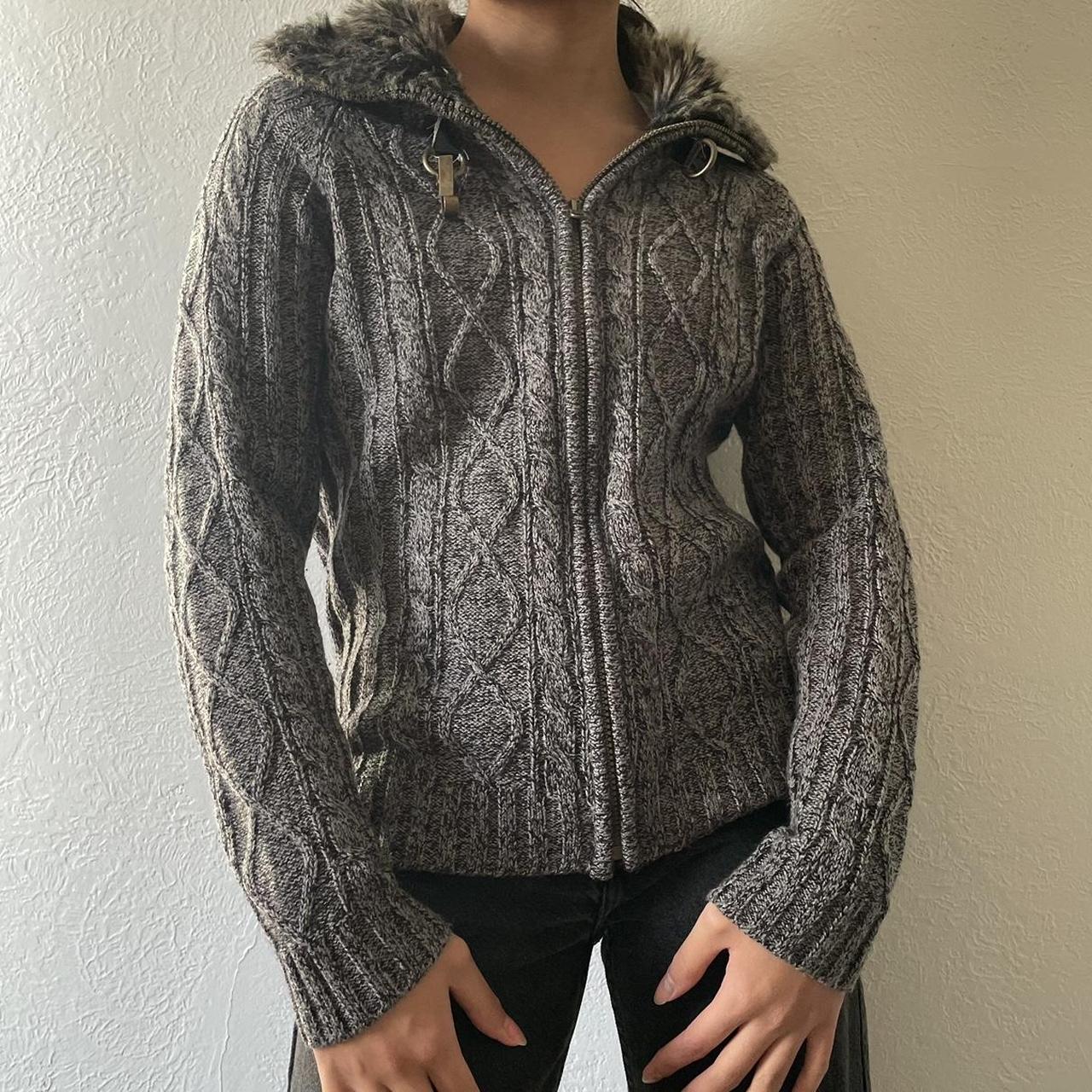 Grey Ribbed Sweater Longsleeve grey knit zip up... - Depop