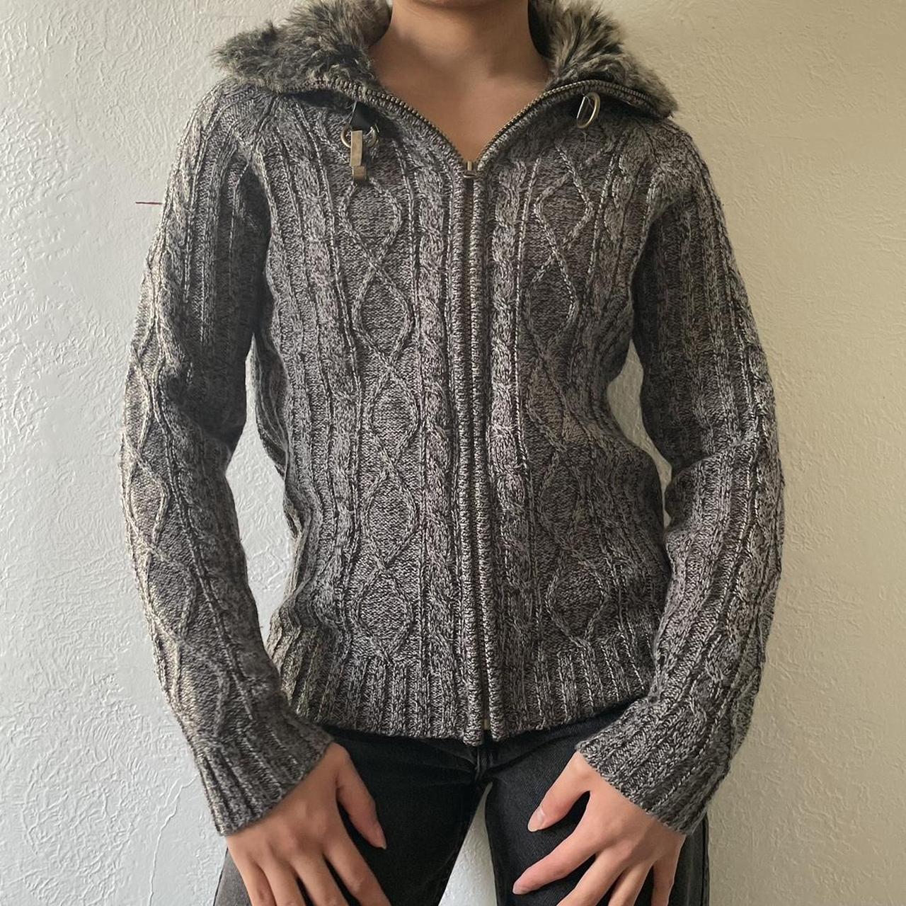 Grey Ribbed Sweater Longsleeve grey knit zip up... - Depop