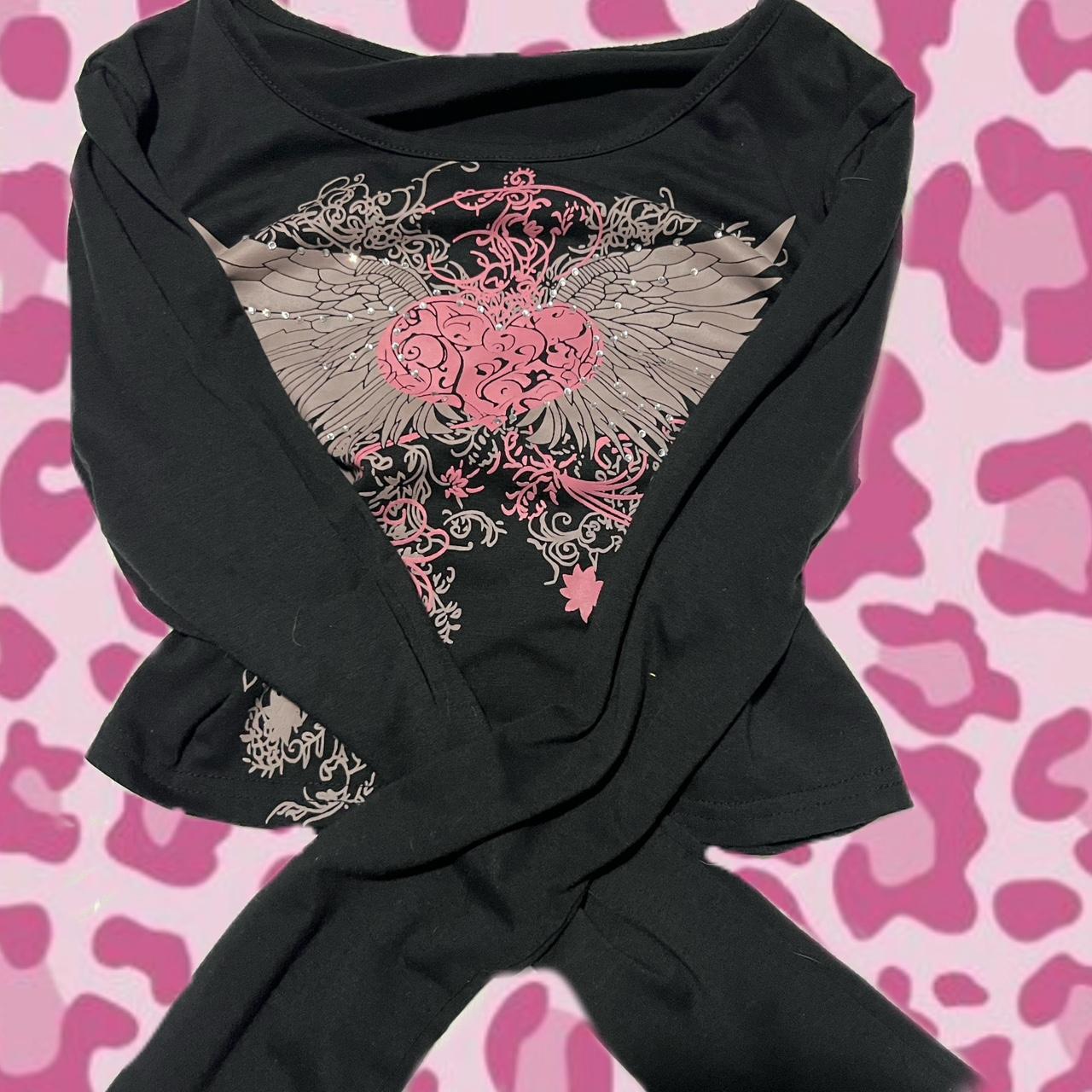 Rhinestone y2k long sleeve shirt croptop size... - Depop