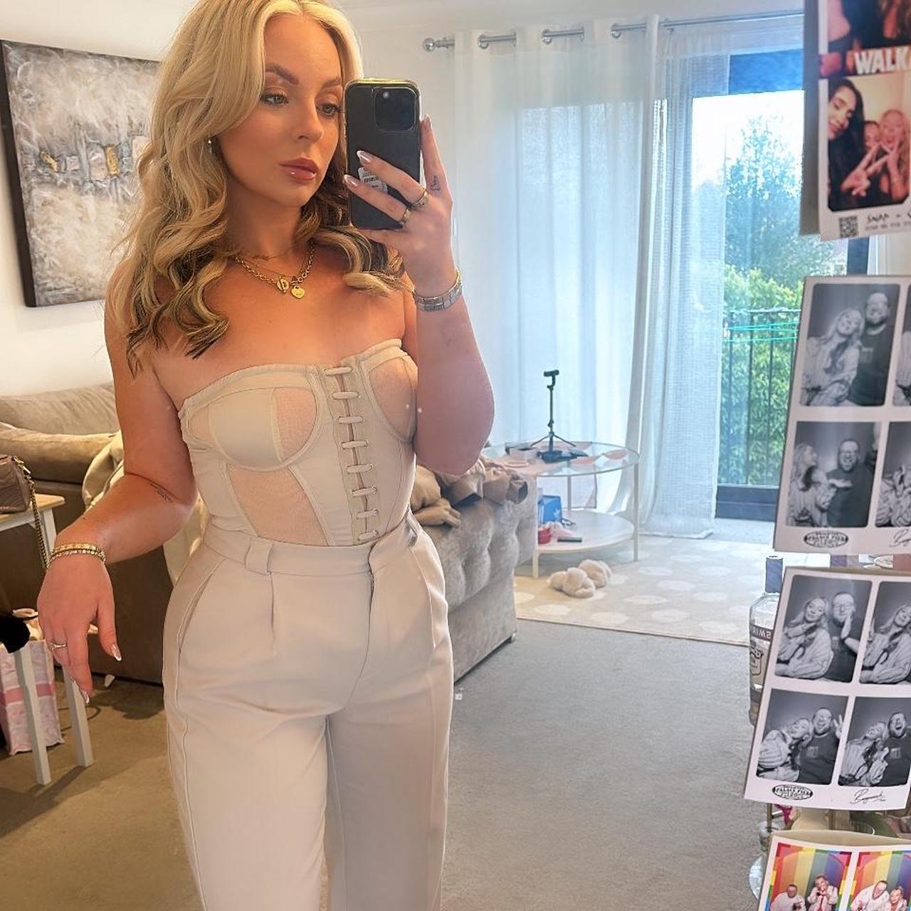 Cream Corset Sheer Panels Zip Back Stretchy Worn Depop