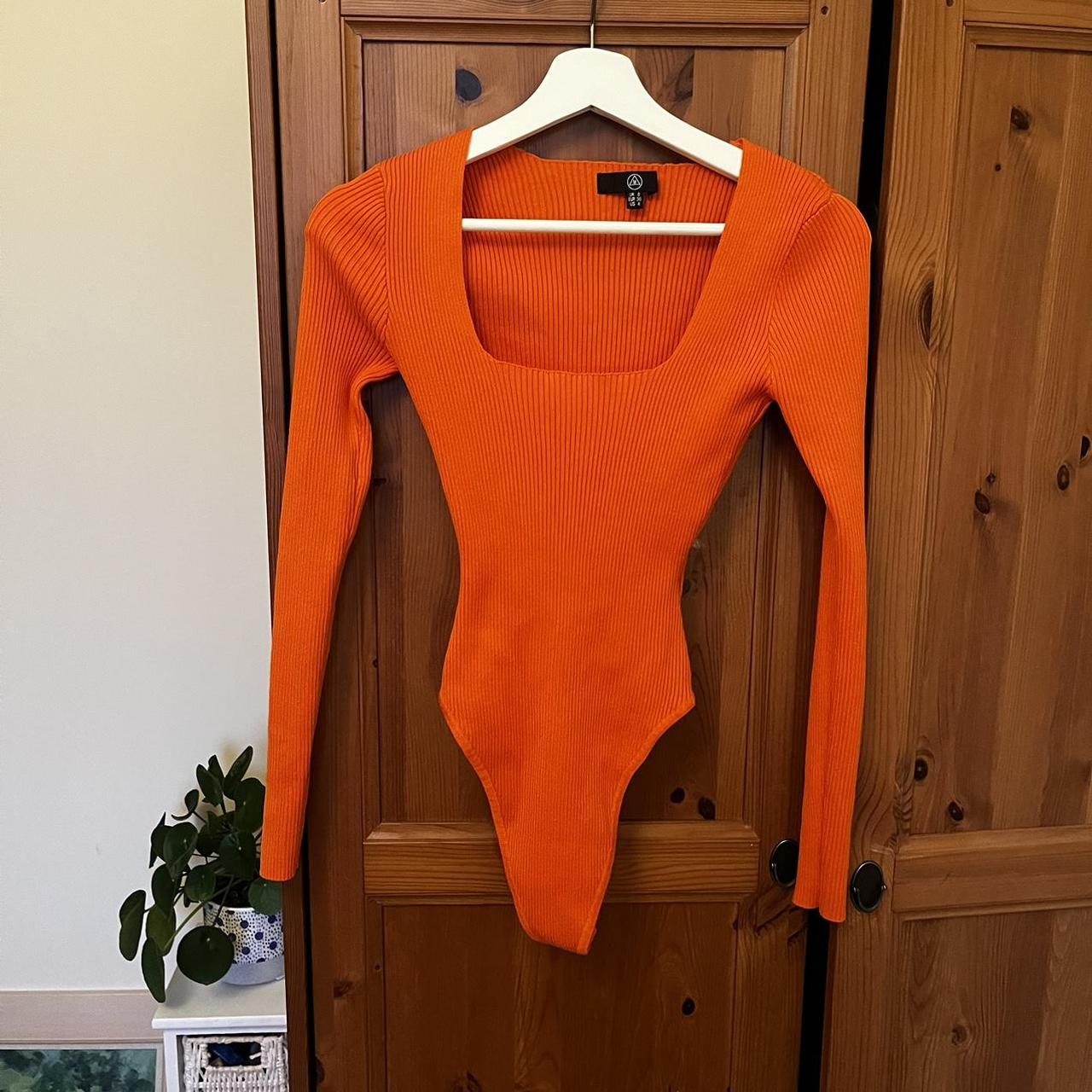 Orange ribbed square neck missguided bodysuit... - Depop