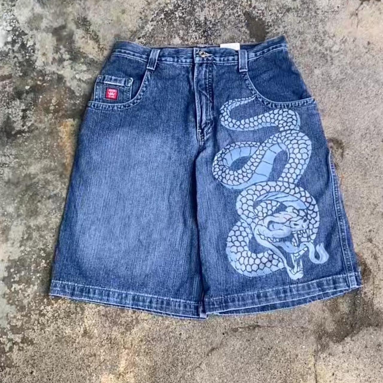JNCO navy denim shorts with snake design #skater... | Depop