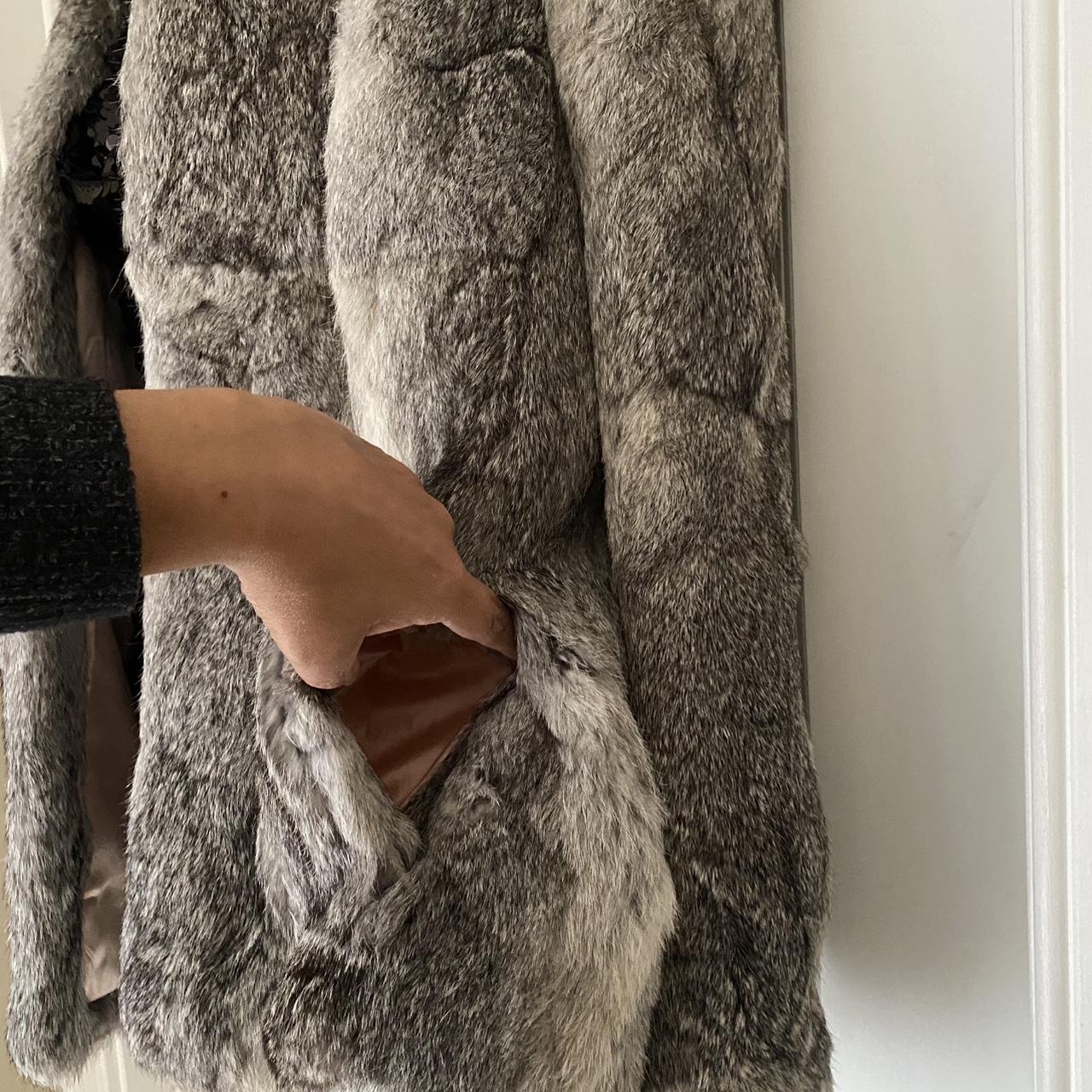 Grey rabbit fur coat with a touch of glamour... | Depop