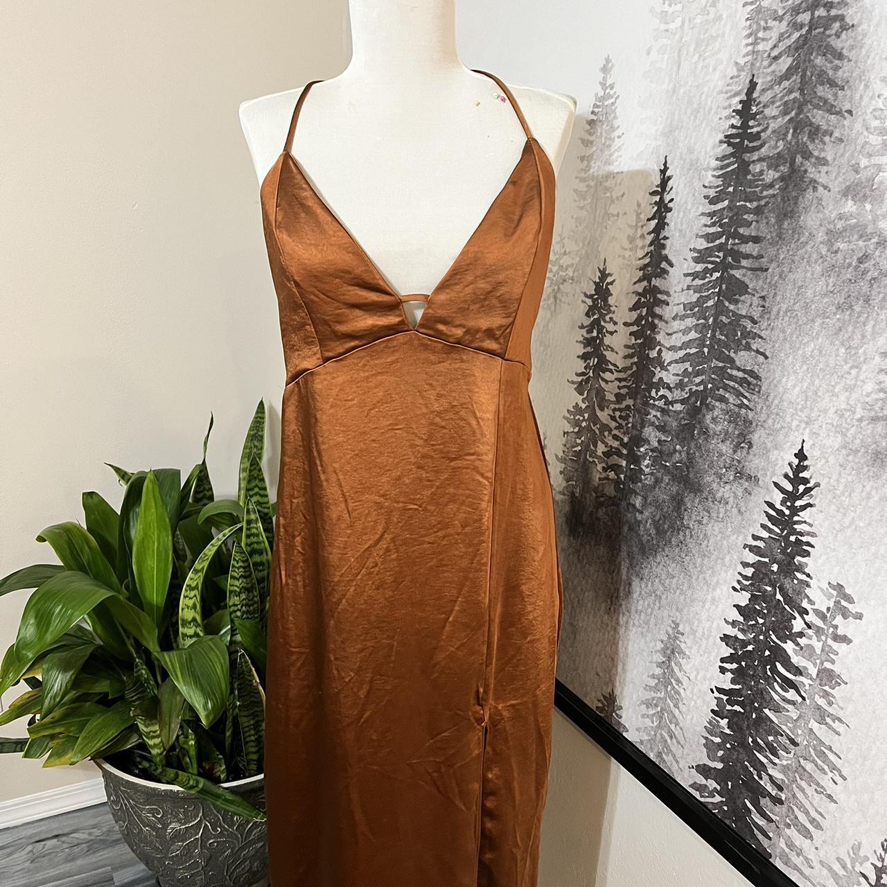 Long copper sleek silk dress - new with tags Size... - Depop