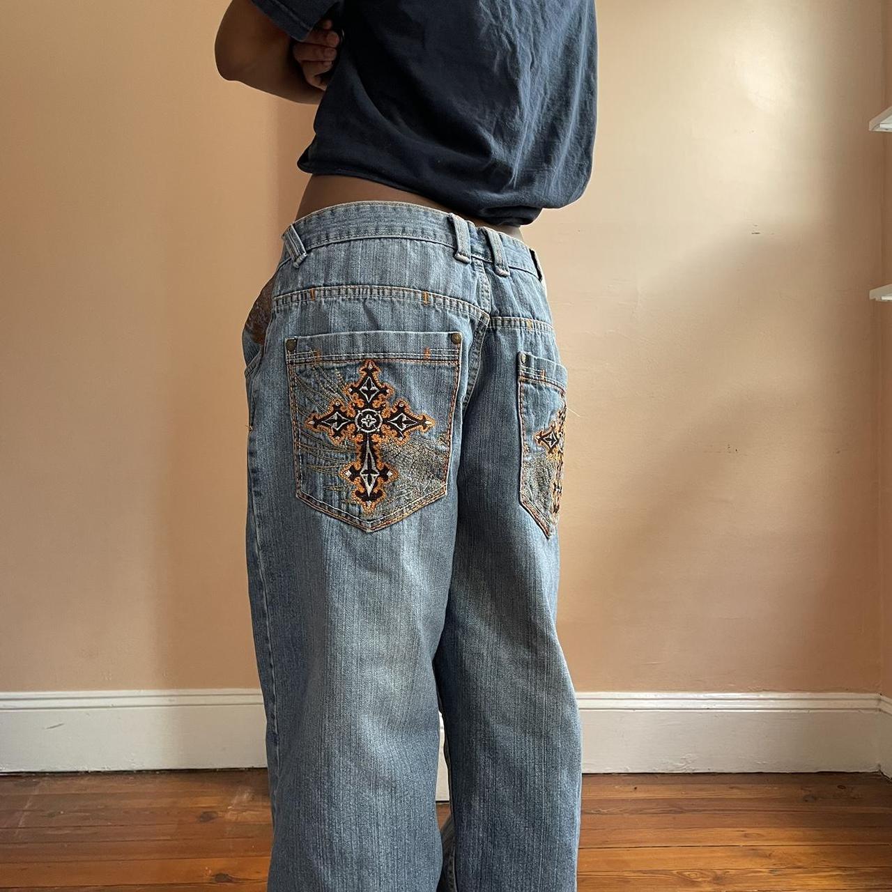 Y2k Grunge Cross Embroidered Jeans Denim Jeans with... - Depop