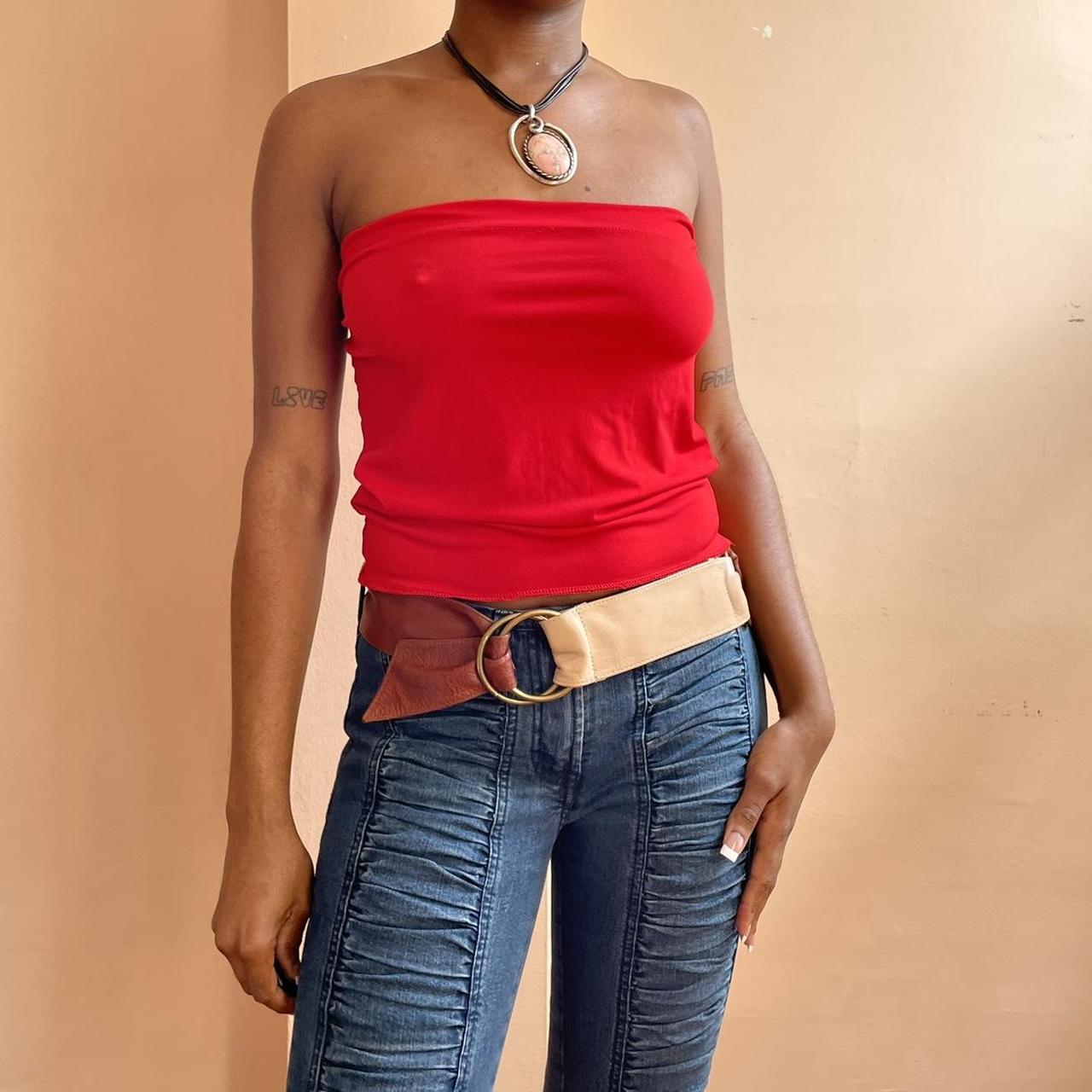 Y2k Red Tube Top 2000s Red Tube Strapless Top Size... - Depop
