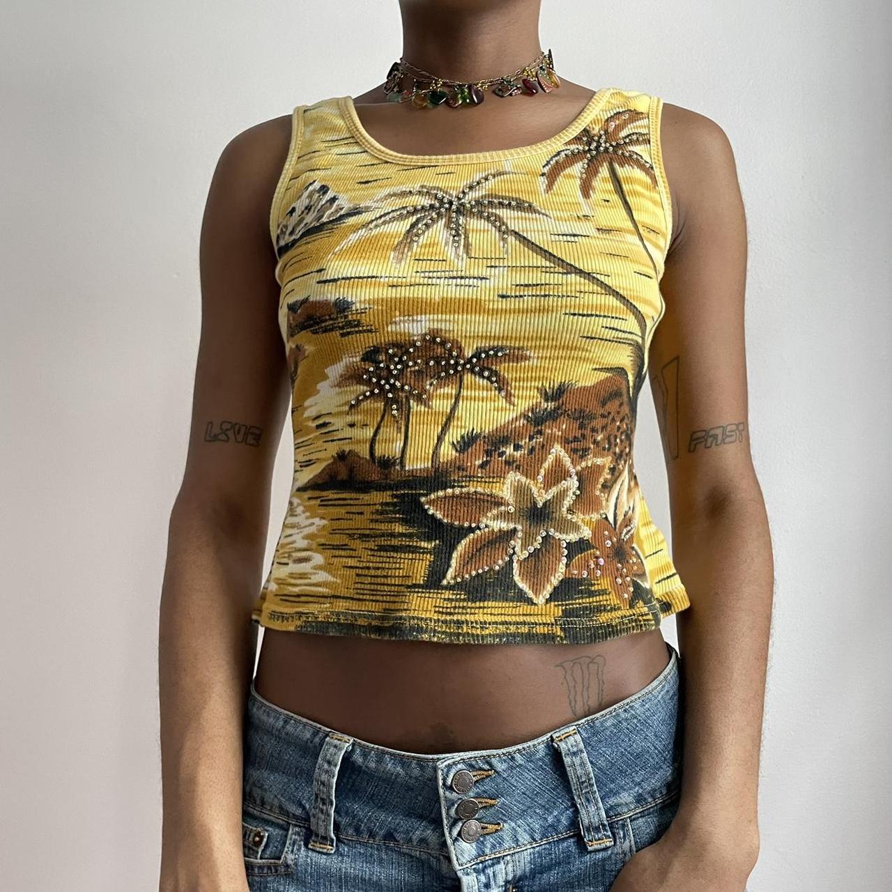 Y2k Beaded Yellow Floral Top Size... - Depop