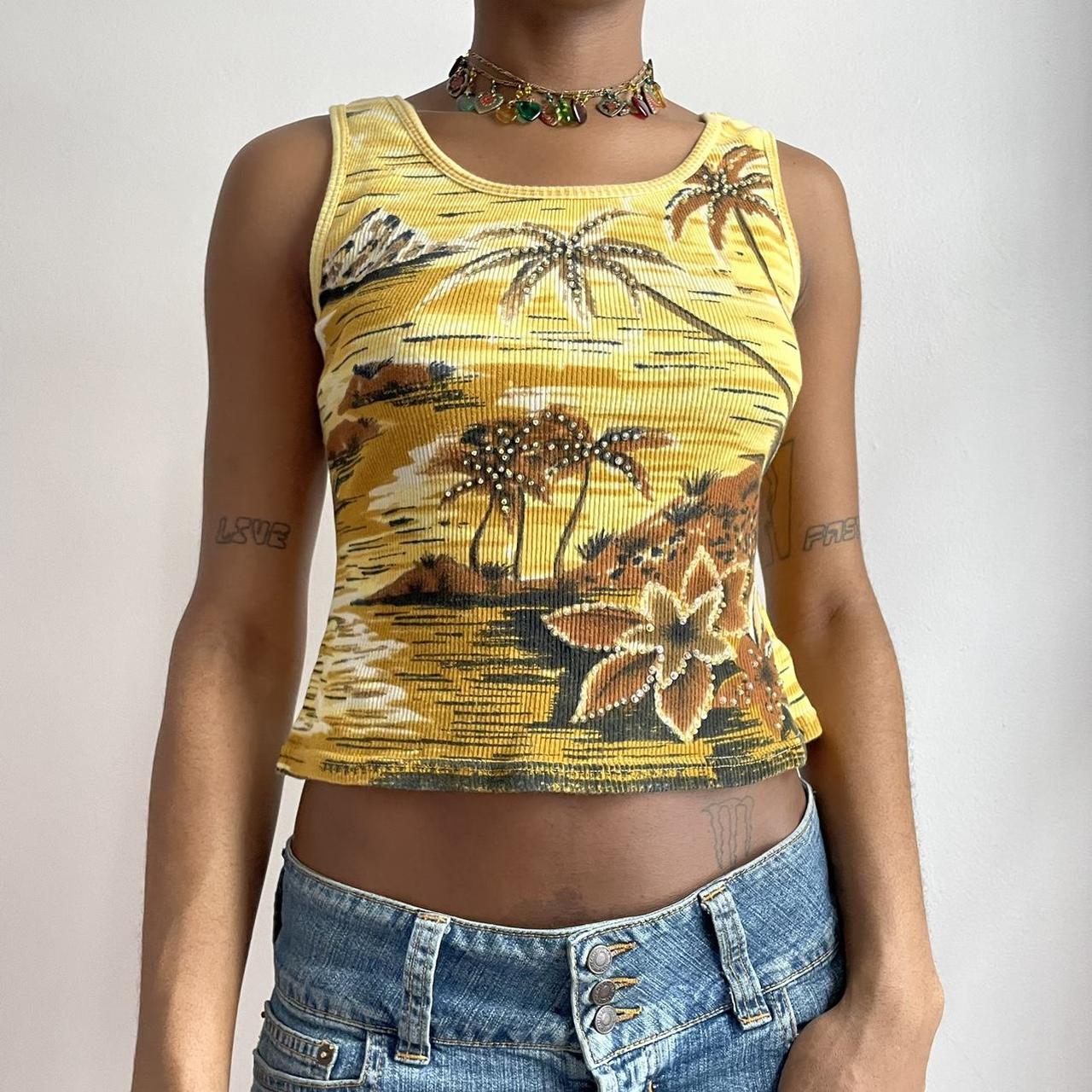 Y2k Beaded Yellow Floral Top Size... - Depop