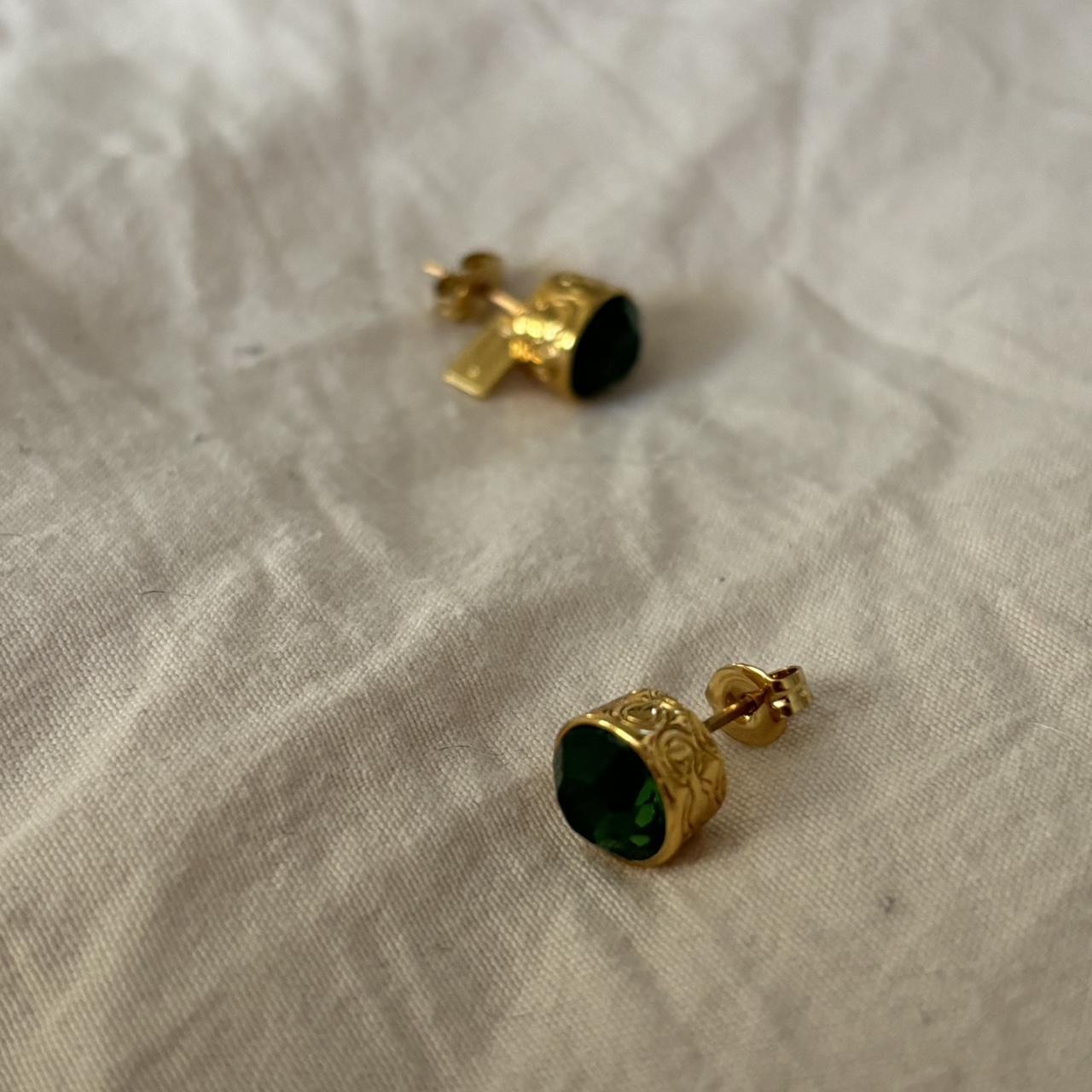 coach green gemstone and gold stud earrings with... - Depop