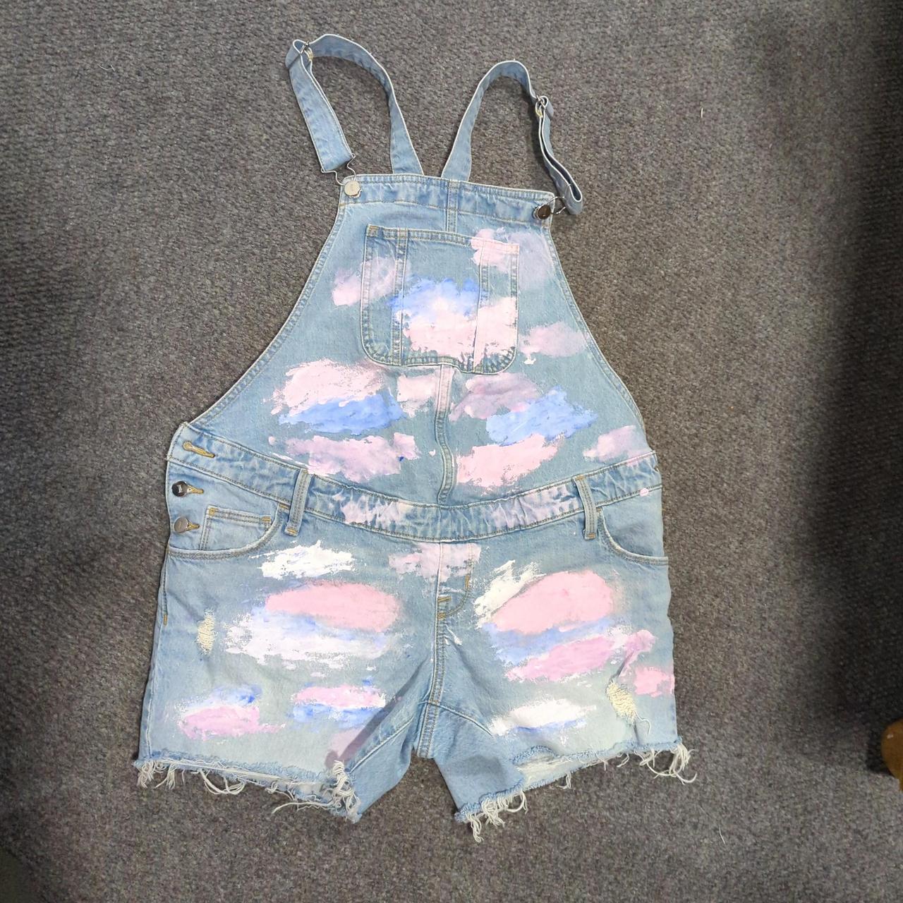 hand painted light blue shortalls. pastel clouds... - Depop