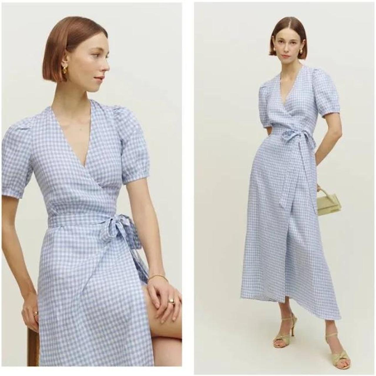 White and blue small linen reformation dress, worn... - Depop