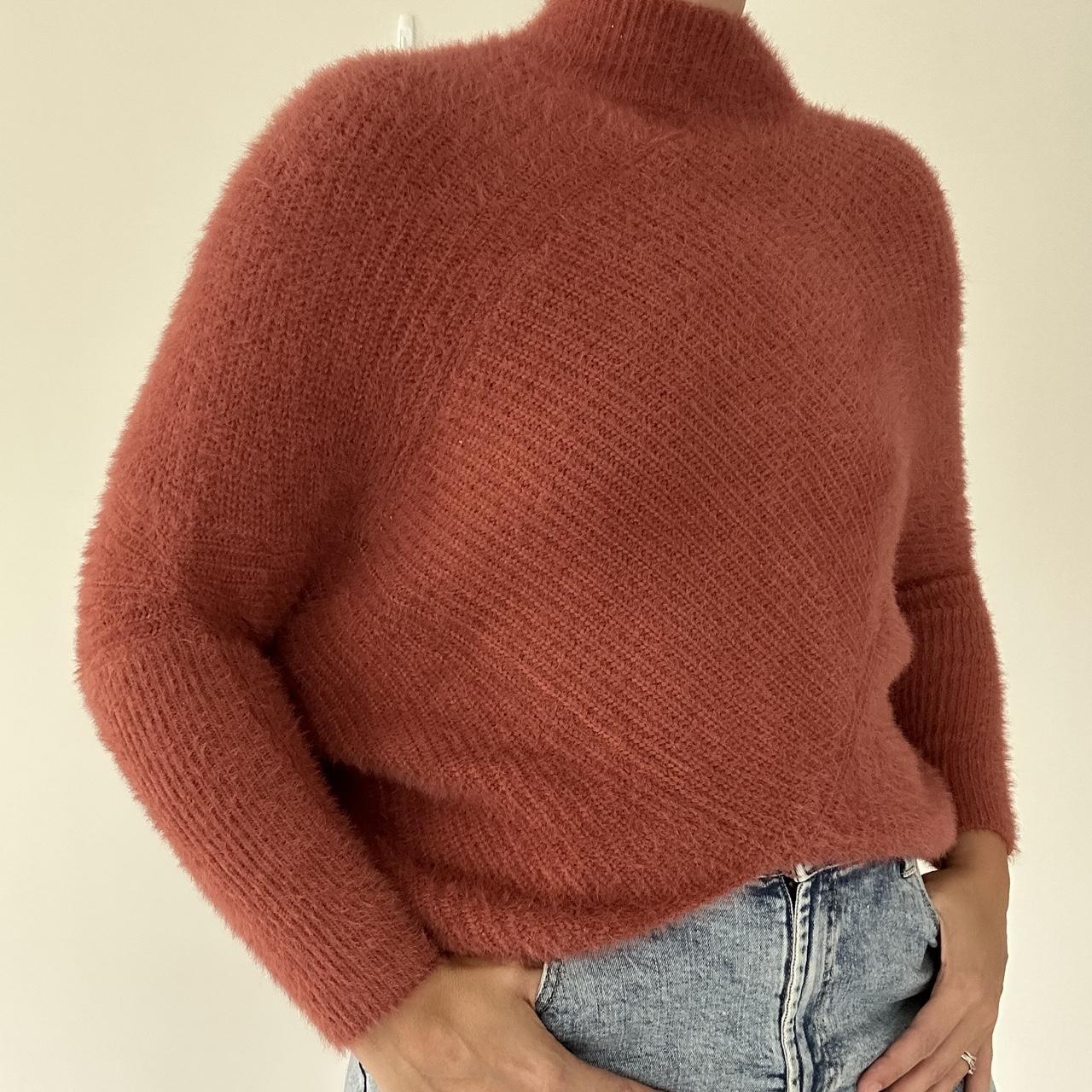 Rumor watermelon coloured fuzzy batwing sweater Size... | Depop