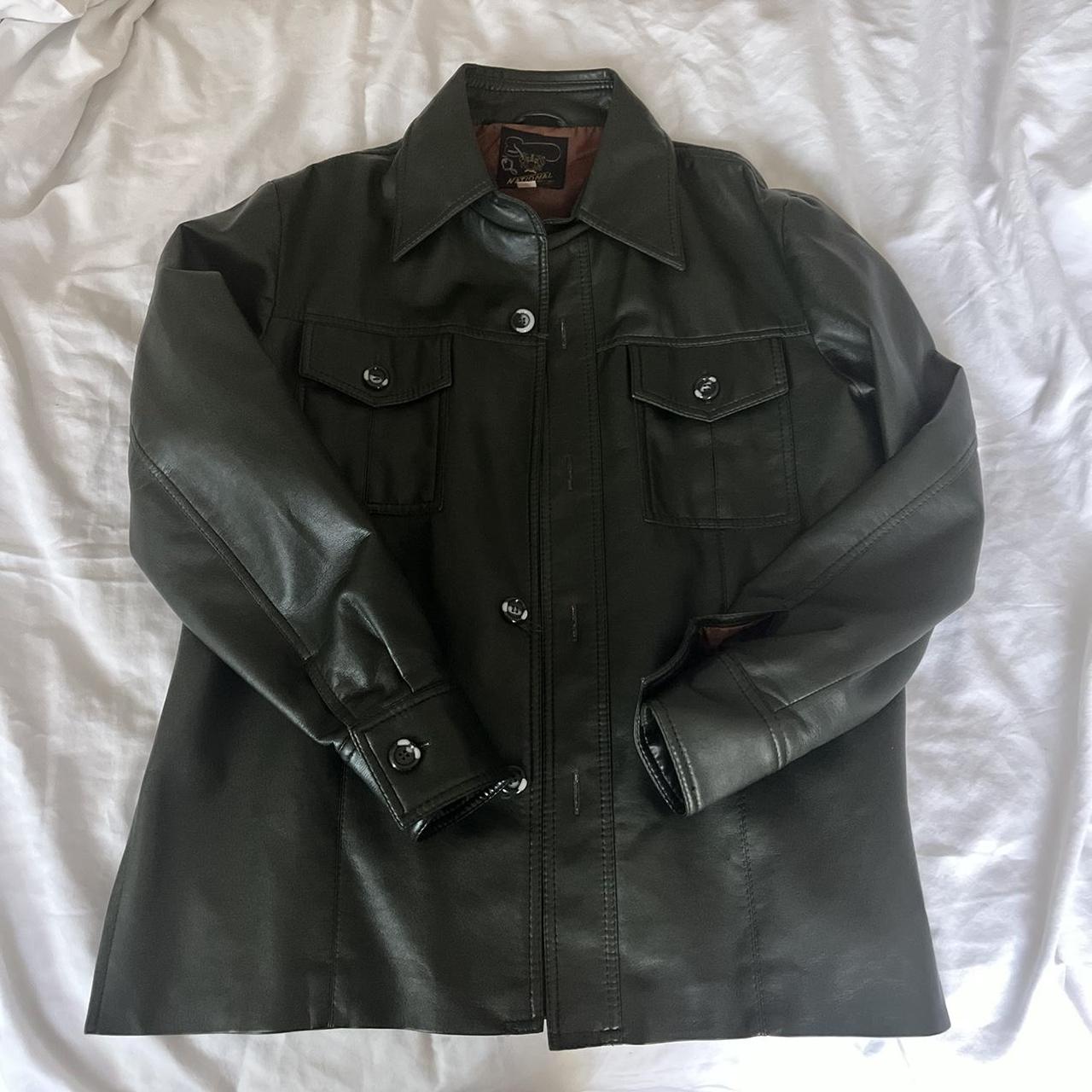 vintage forest green faux leather jacket from... - Depop