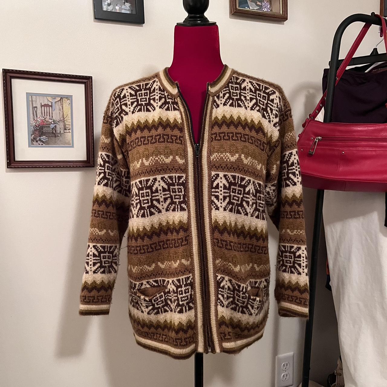 tan beige brown white aztec print zip up swearer... - Depop