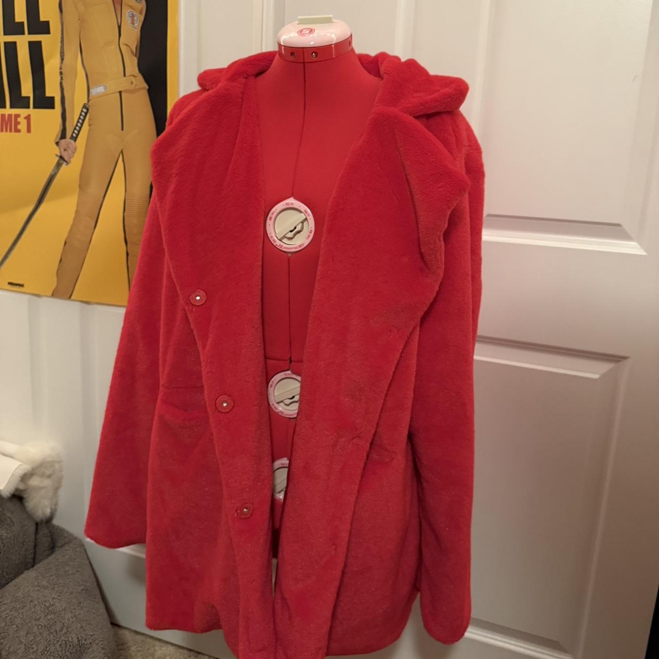 Red faux fur teddy coat | Depop