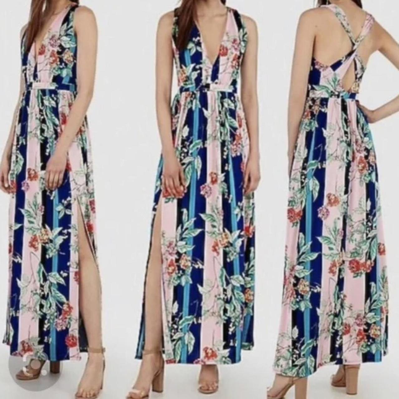 Express pink and blue maxi dress with two front... - Depop