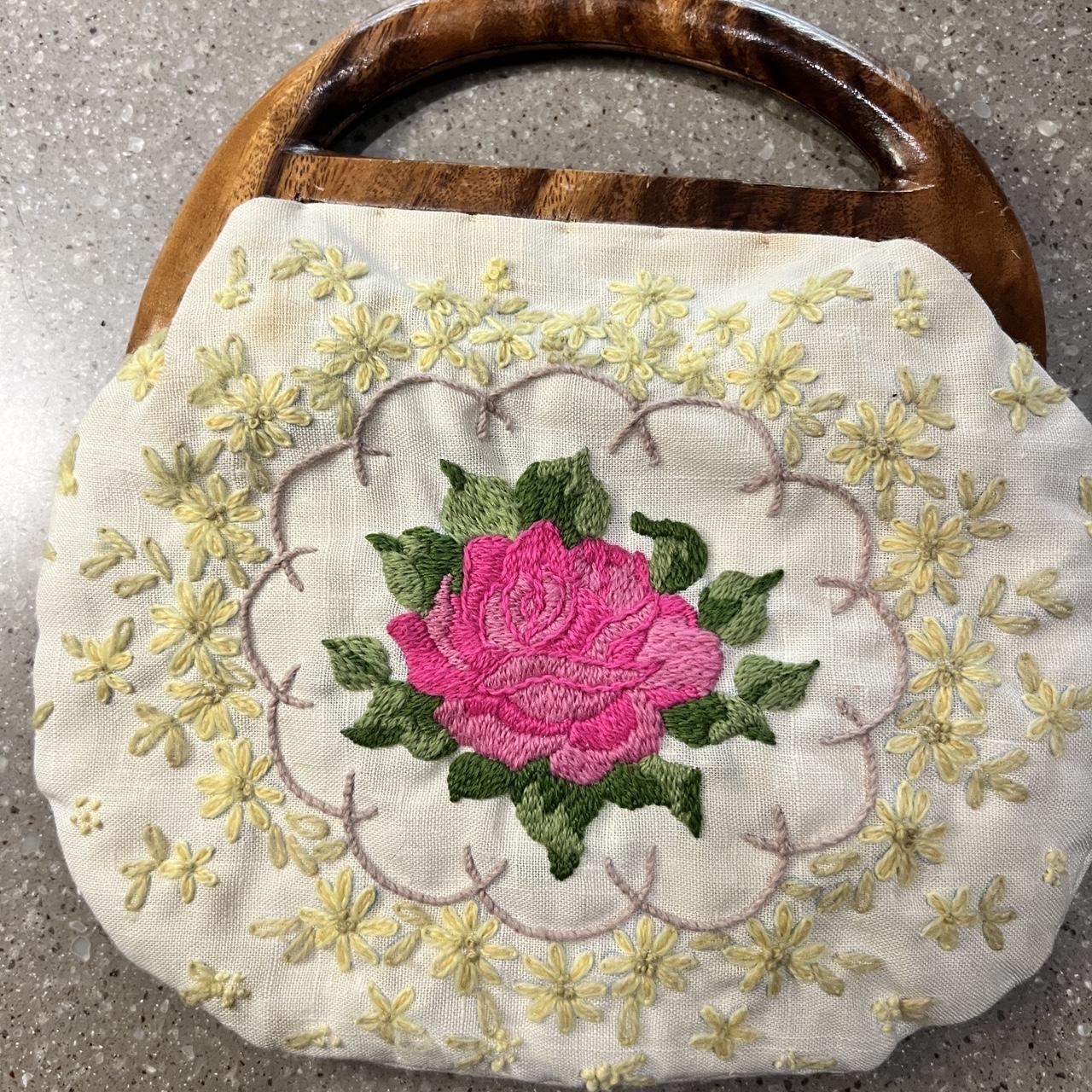 Vintage 1970’s purse with embroidery and wooden... - Depop