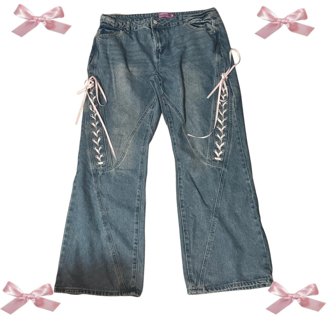 Jeans w ribbons 🎀 Tag says xl but fits way smaller... - Depop