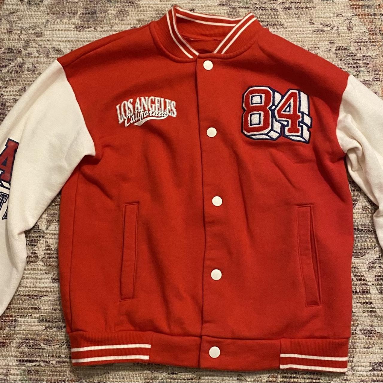 L.A Red and White Varsity Jacket. - Depop