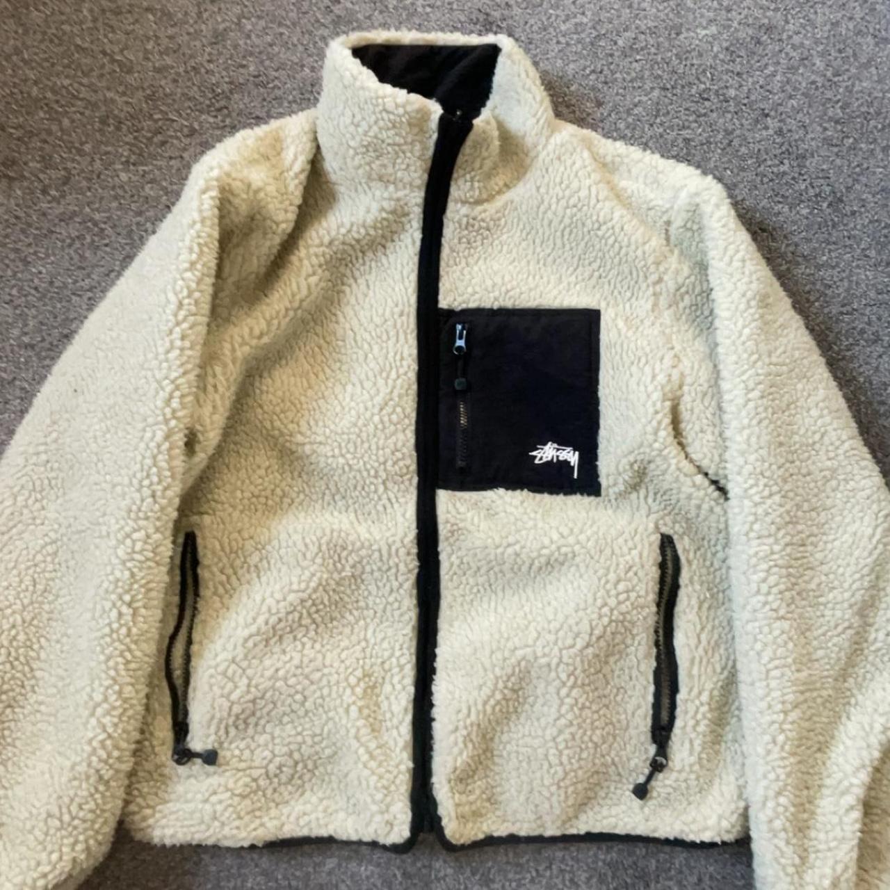 Stüssy black and white Sherpa jacket Size s Rips in... - Depop