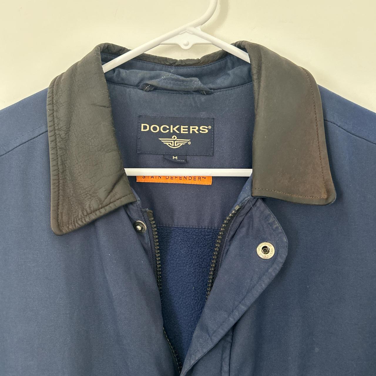 Dockers size M Navy Jacket with Leather Collar - Depop