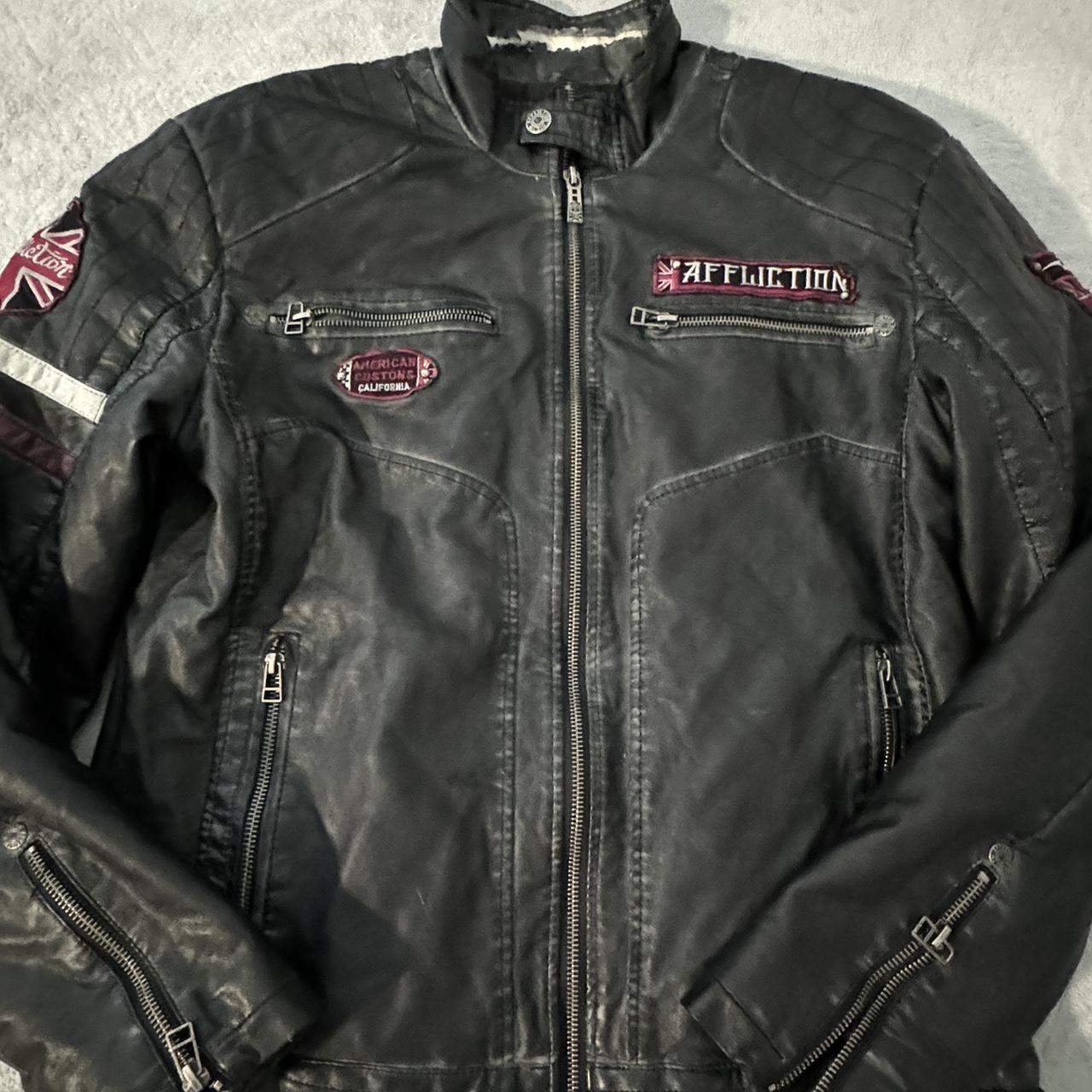 Black leather affliction biker jacket with zipper... - Depop