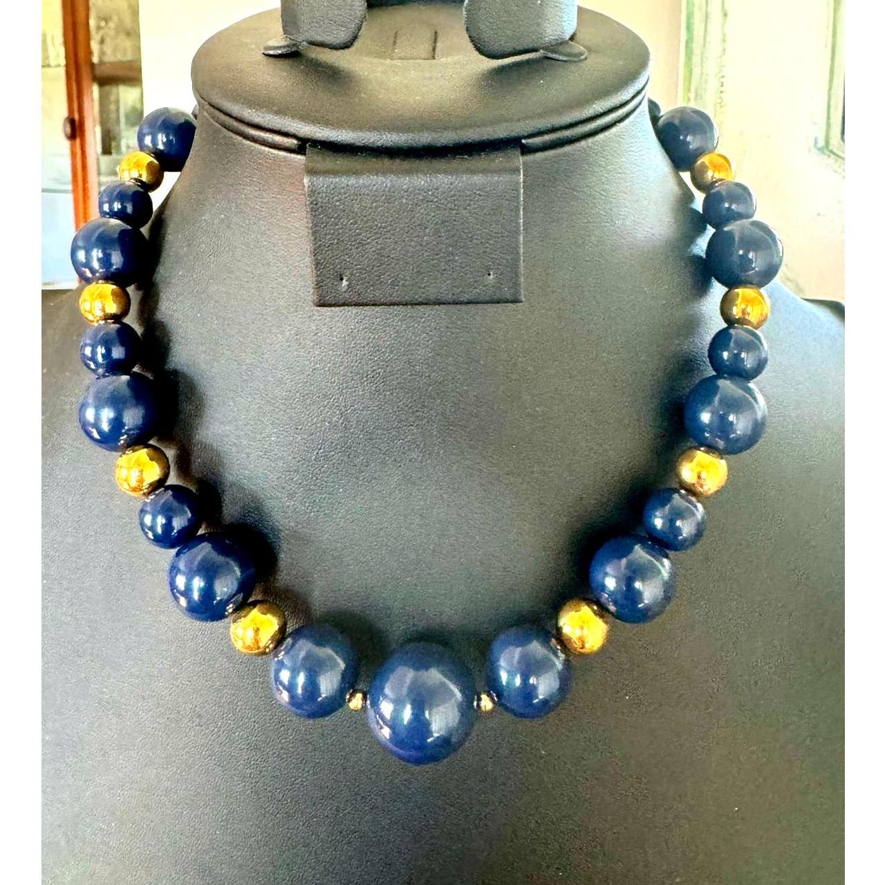 Vintage Monet Blue and Gold tone Beaded... - Depop