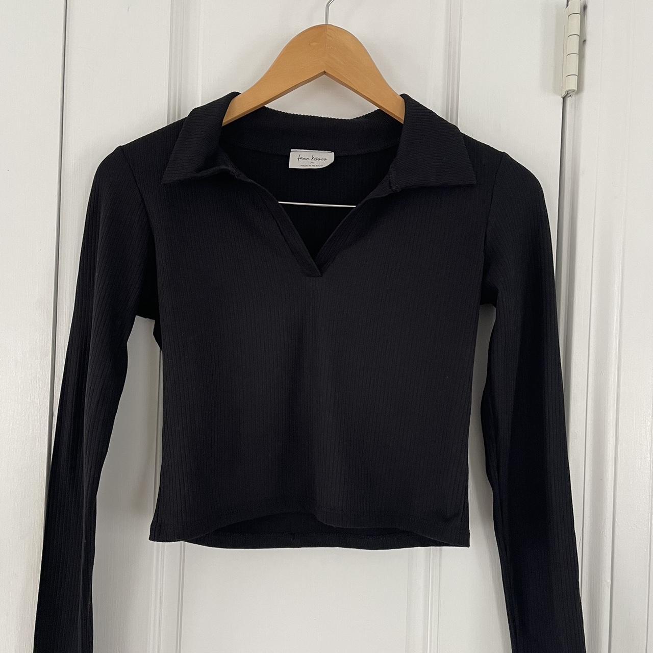 cropped collared ribbed black longsleeve top, size... - Depop