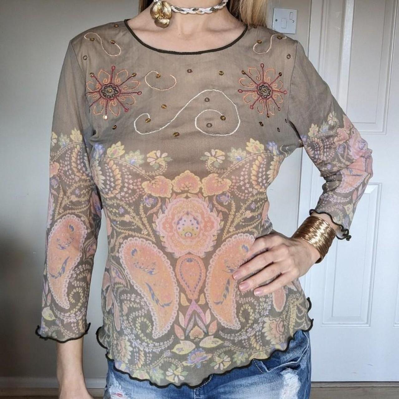 Floral print mesh t-shirt This Boho vintage top has... - Depop
