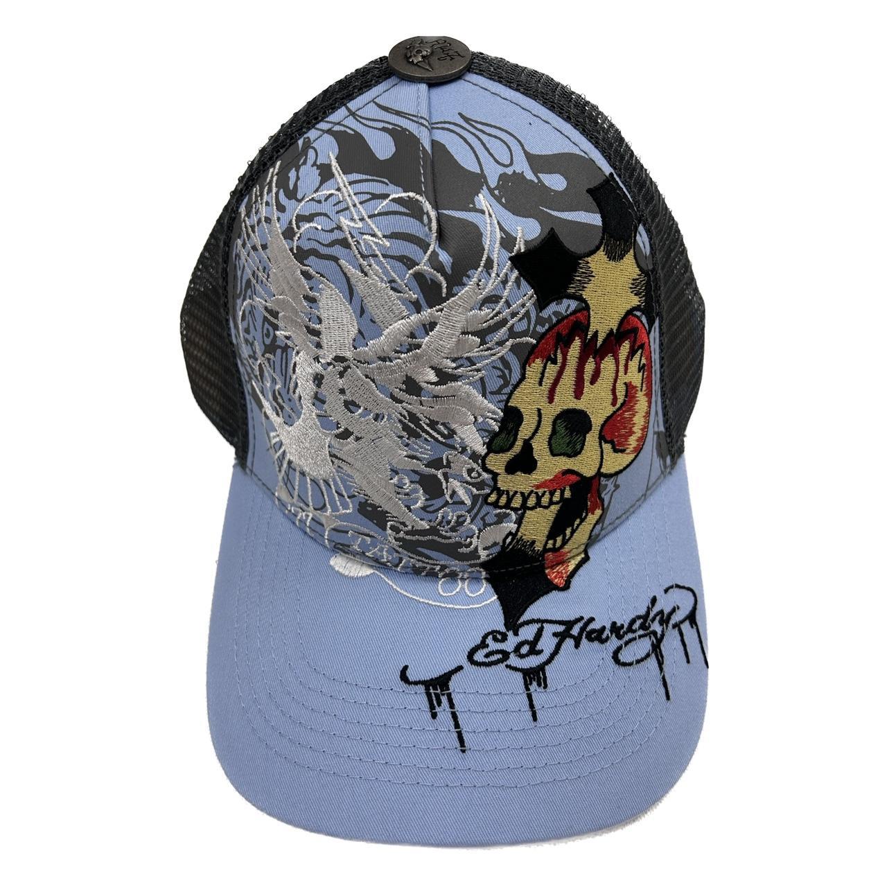 rare ed hardy crazy trucker hat in baby blue Brand... - Depop