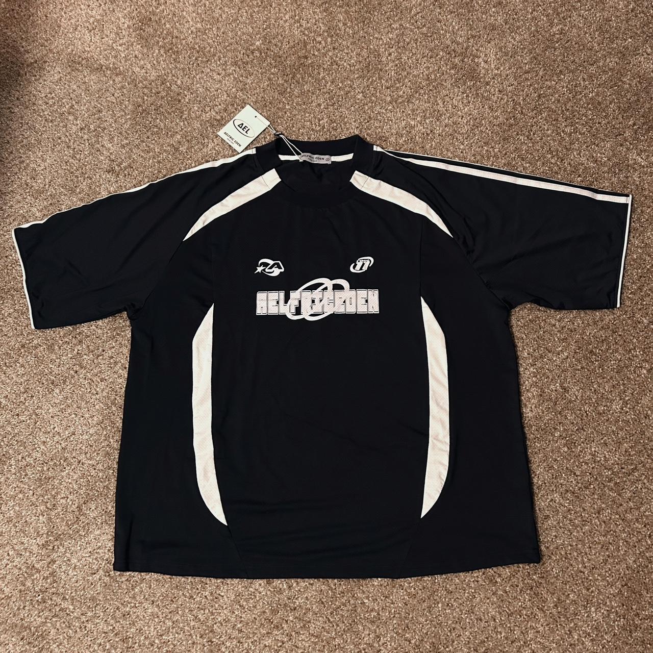 Aelfric Eden Navy Blue Striped Racing Tee (size... - Depop