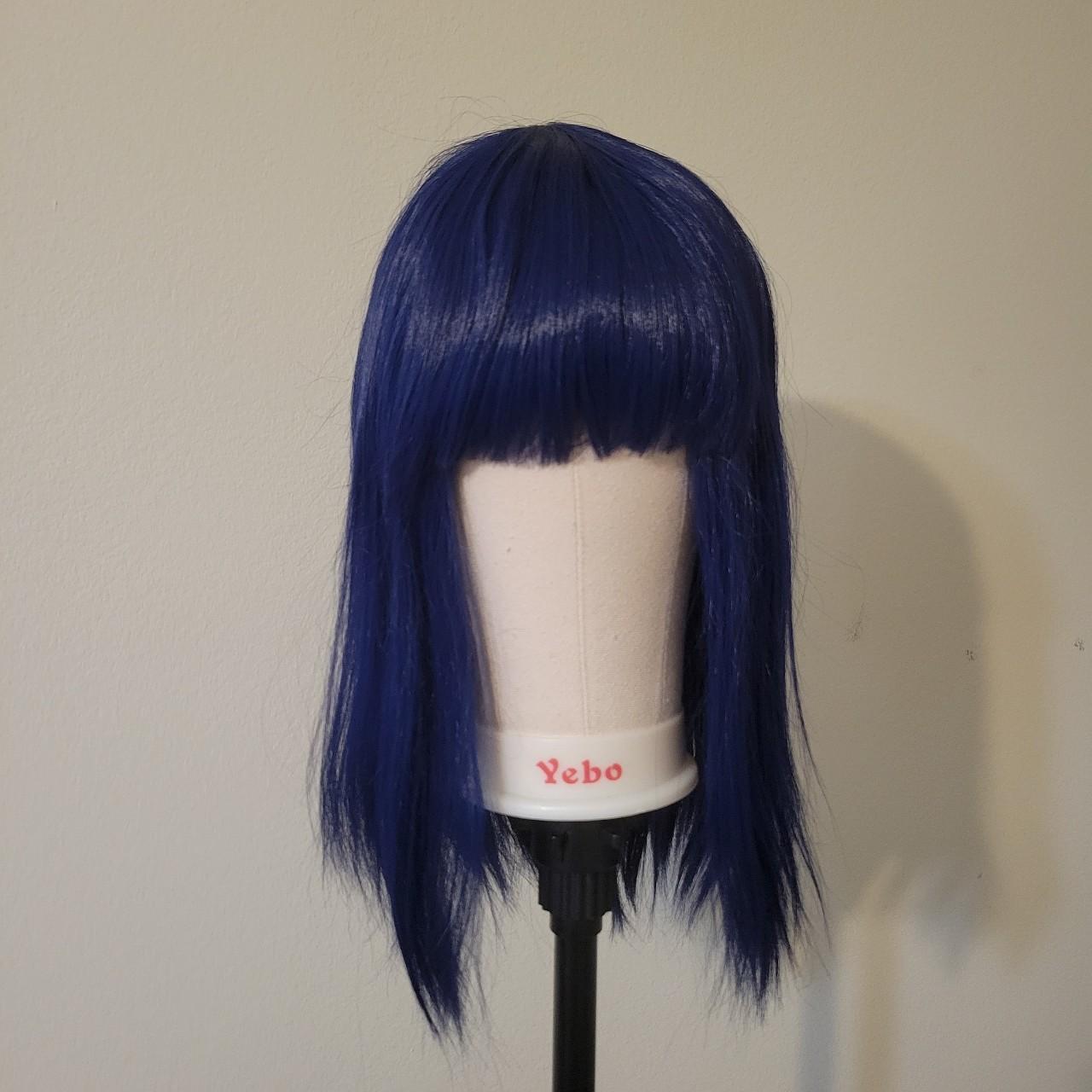Shoulder length straight dark blue wig with bangs,... - Depop