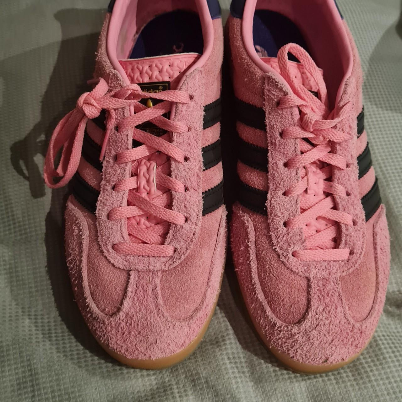 Adidas gazelle 'fuzzy pink' suede and navy trainers.... - Depop