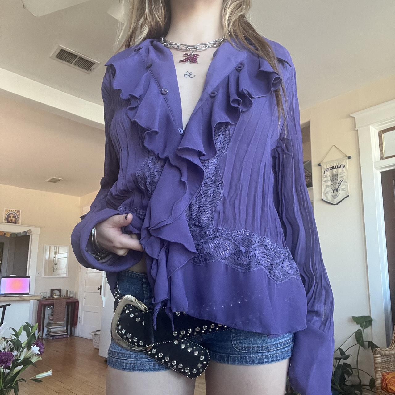 fairy whimsy goth Purple ruffled blouse with lace... - Depop