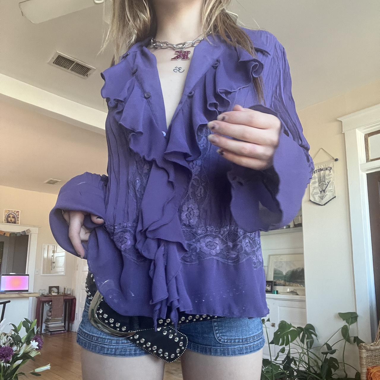 fairy whimsy goth Purple ruffled blouse with lace... - Depop