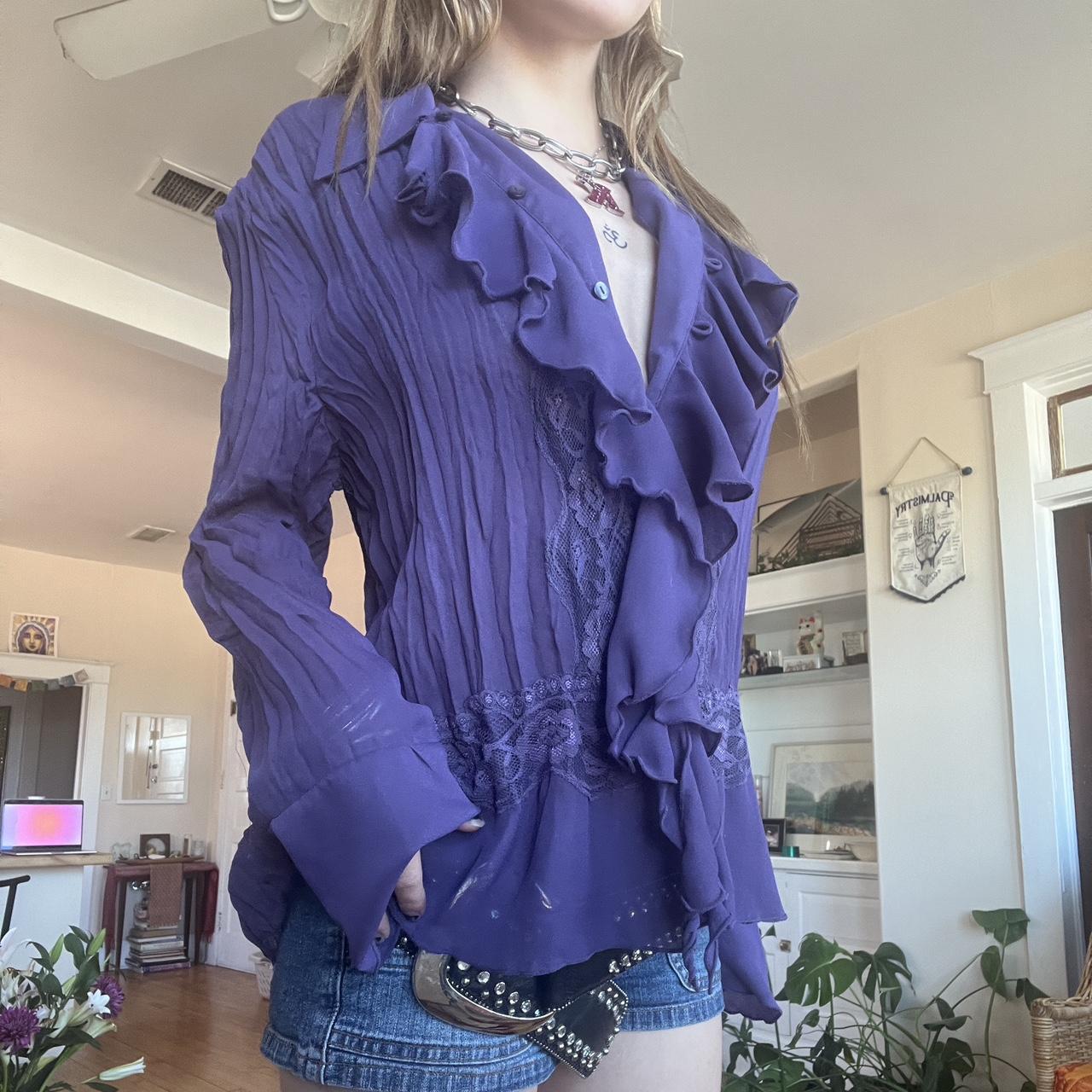 fairy whimsy goth Purple ruffled blouse with lace... - Depop