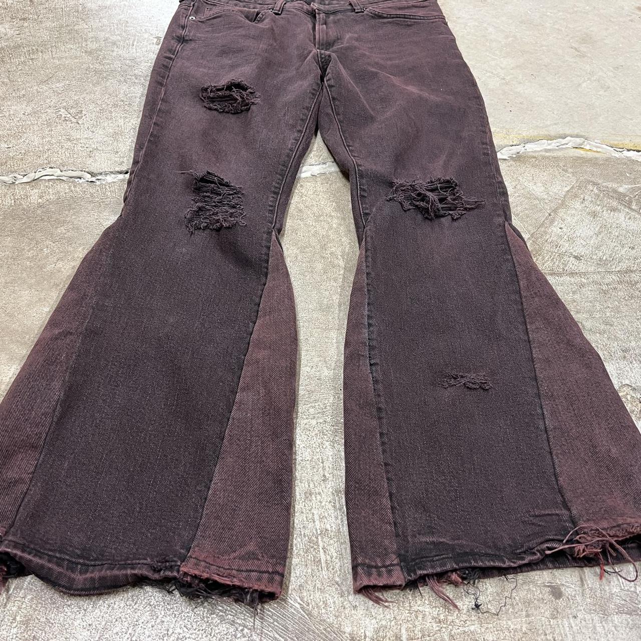 Reworked Mud Red Flared Denims -W 33 -L 38... - Depop