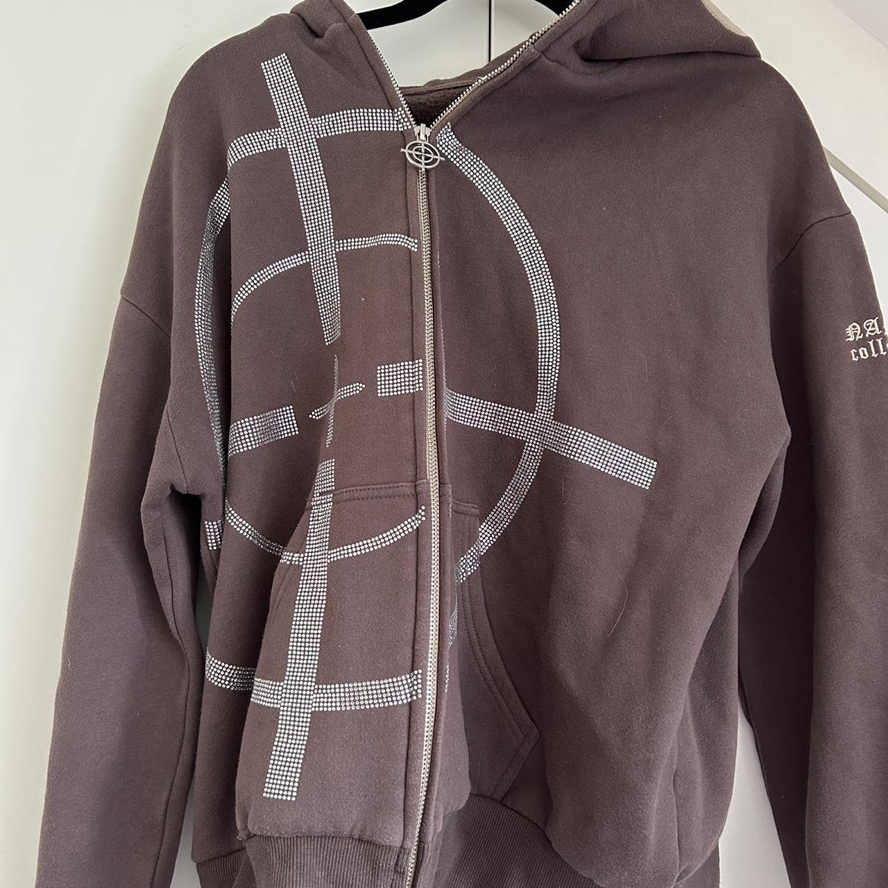 named collective brown graphic diamanté zip hoodie... - Depop
