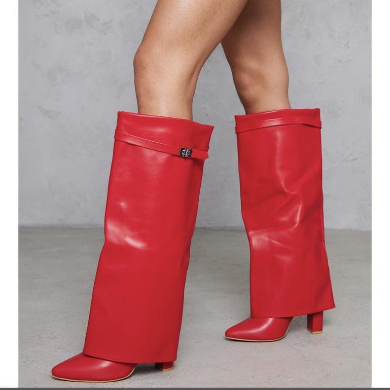 Red Fold Over Knee Block Heeled Boots Worn once... - Depop