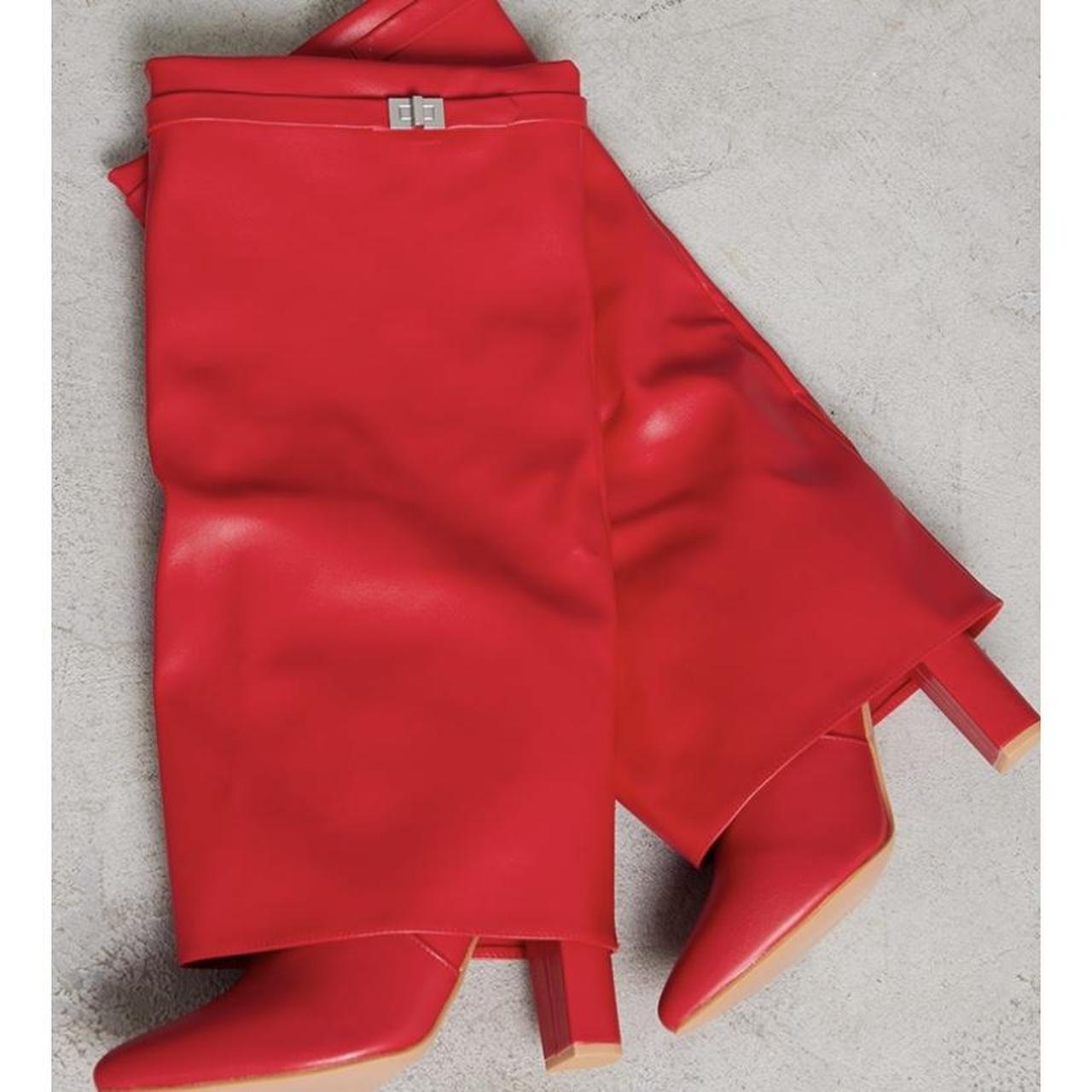 Red Fold Over Knee Block Heeled Boots Worn once... - Depop