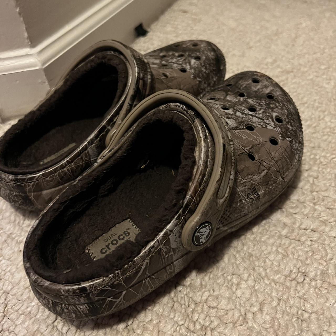 Camo furry crocs I believe they are a size 5. In... - Depop