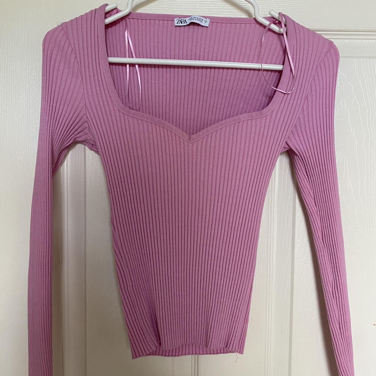Medium pink Zara ribbed long sleeve with sweetheart... - Depop