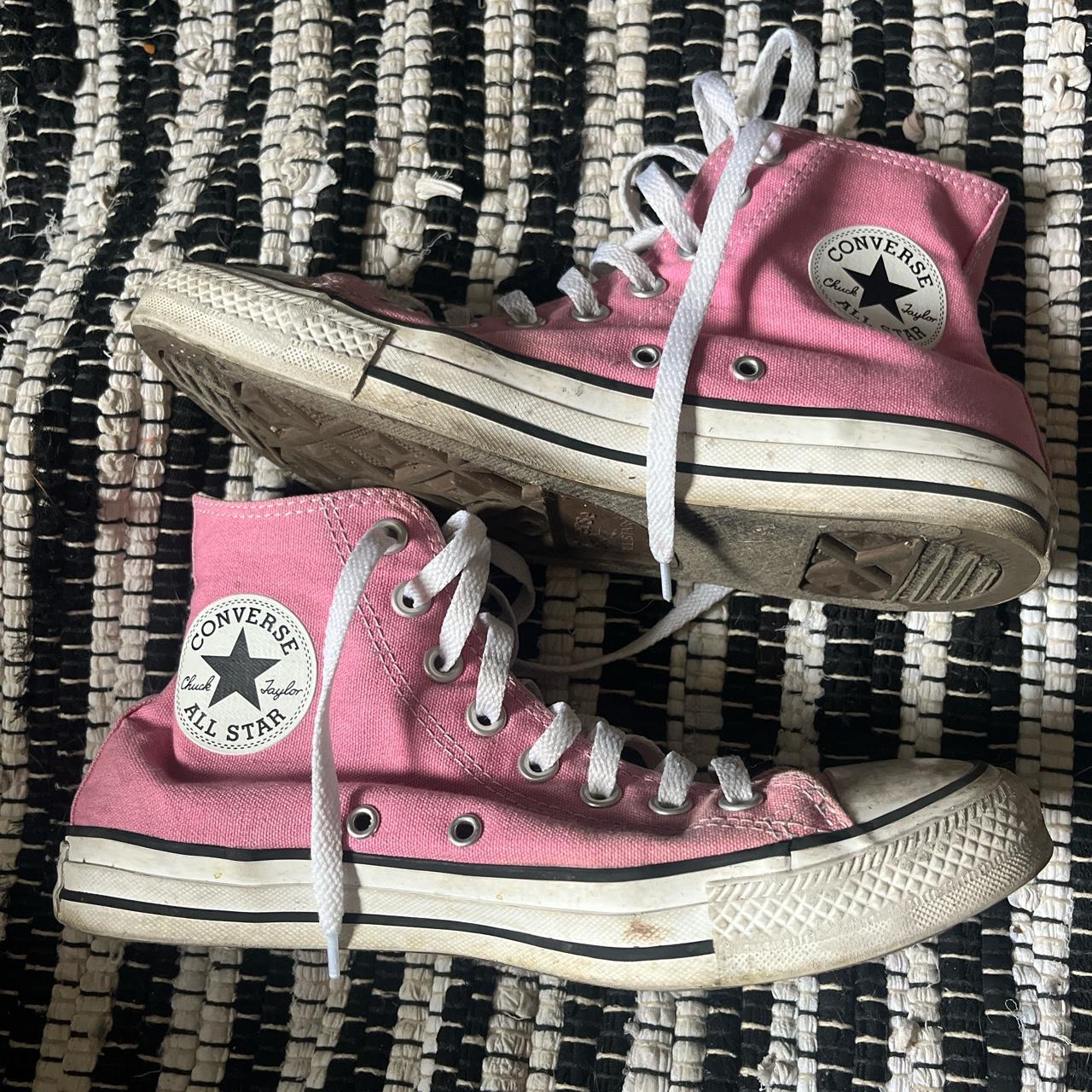 Pink high top Converse, worn several times, in good... - Depop