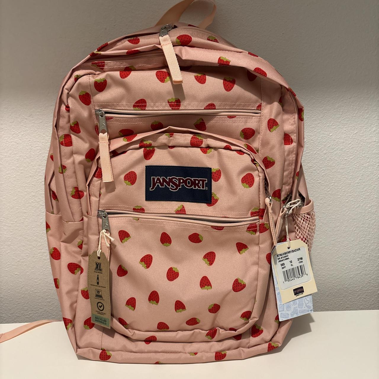 Pink Jansport backpack with strawberry design #backpack | Depop