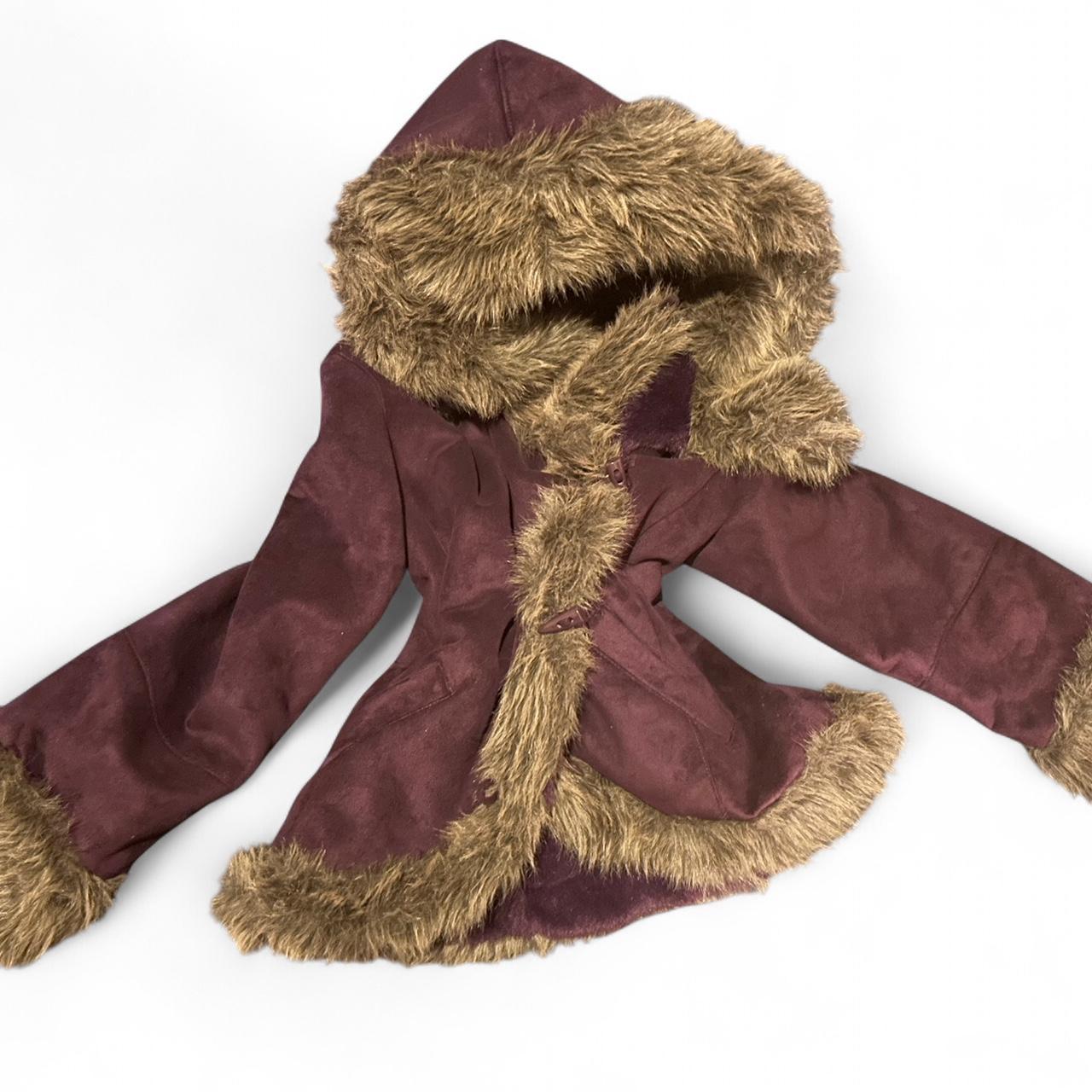 purple faux fur coat with shark tooth buttons and... | Depop